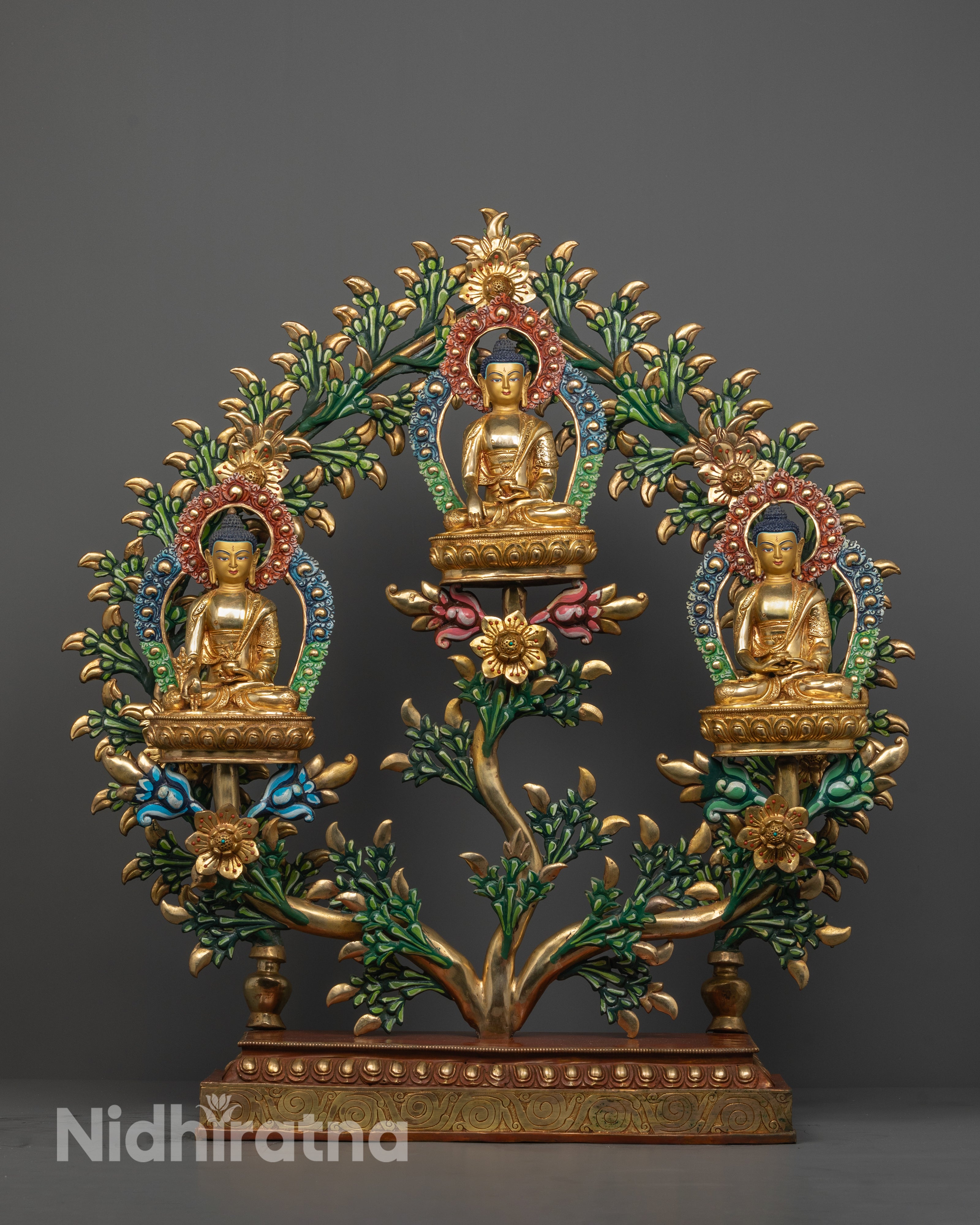 Sacred Buddha Trinity Statue | Handcrafted Bodhi Tree Design – Nidhiratna